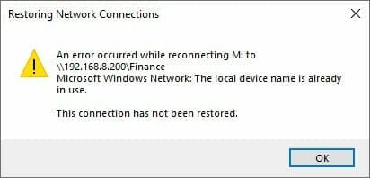 Fixed: “An error occurred while reconnecting M: to