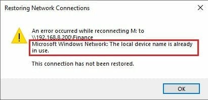 Fixed: “An error occurred while reconnecting M: to